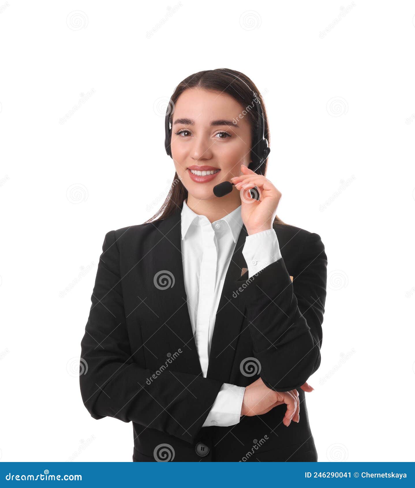 Portrait of Receptionist with Headset on White Background Stock Image ...