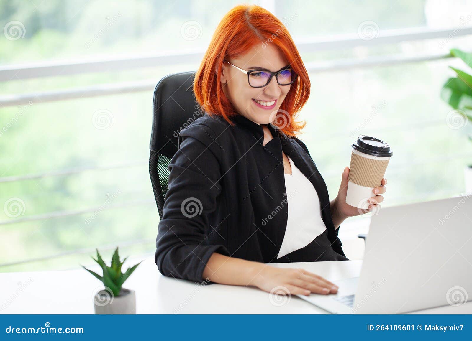 Portrait Red-haired Beautiful Woman Working in the Office. Stock Image ...