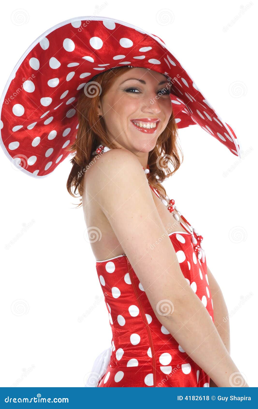 Portrait Redheaded with Spotted Dress Stock Photo - Image of blue ...