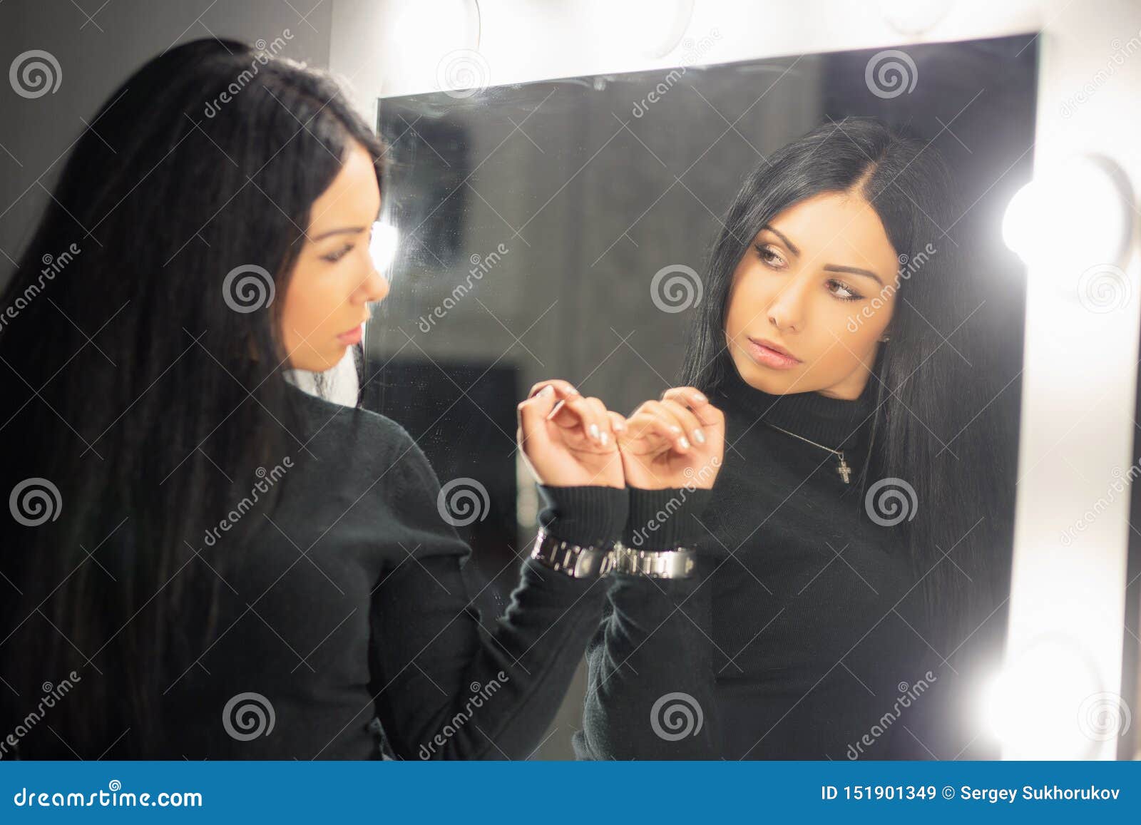 Portrait of Reflection Cute Brunette Stock Image - Image of glamor ...