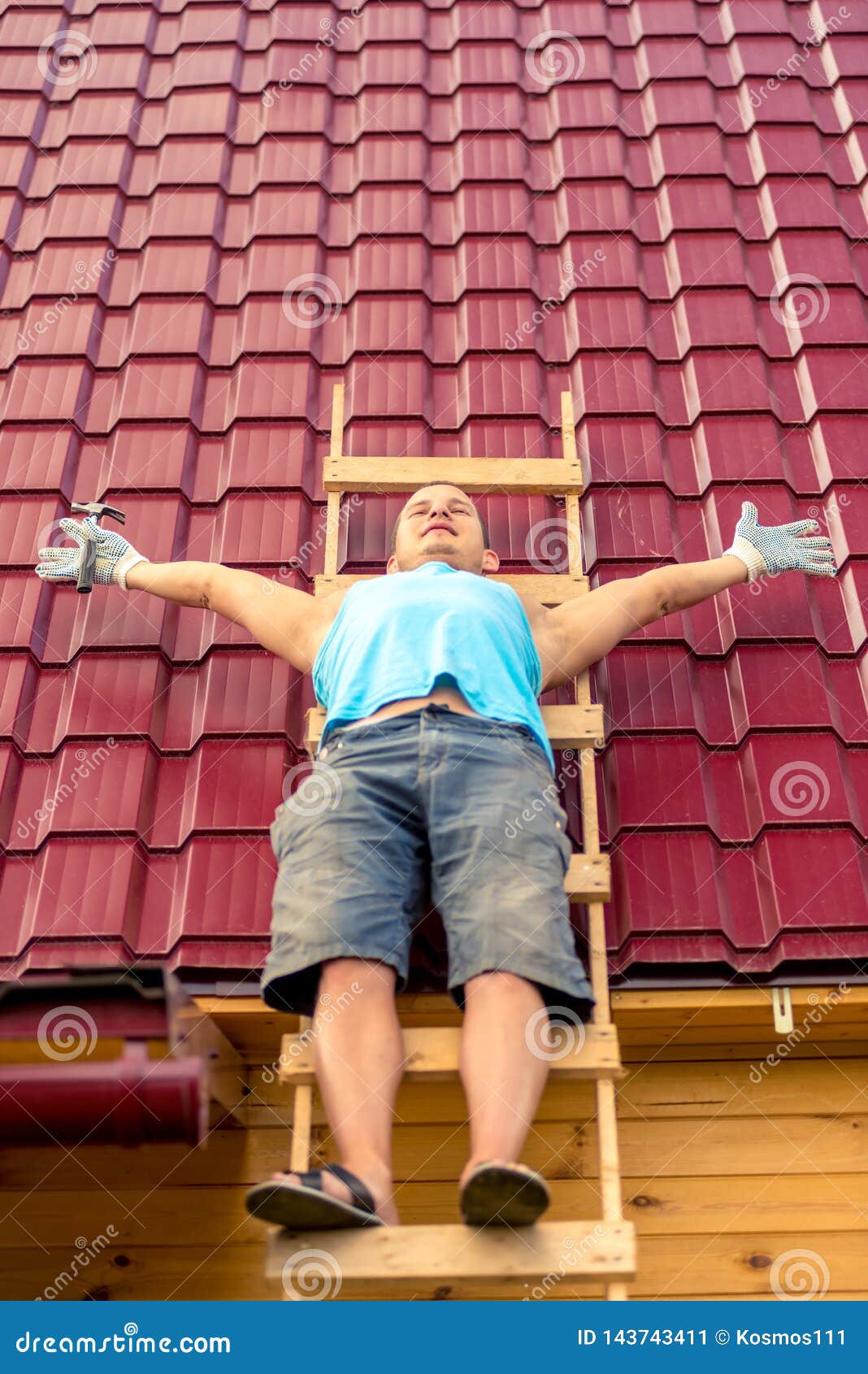 Portrait Of A Repairman On A Ladder On The Roof While Resting Stock Image Image Of Labor