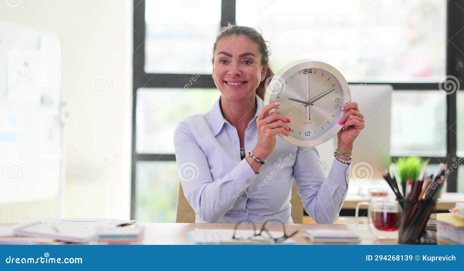 Portrait of Responsible Woman with Clock in Office Stock Video - Video ...