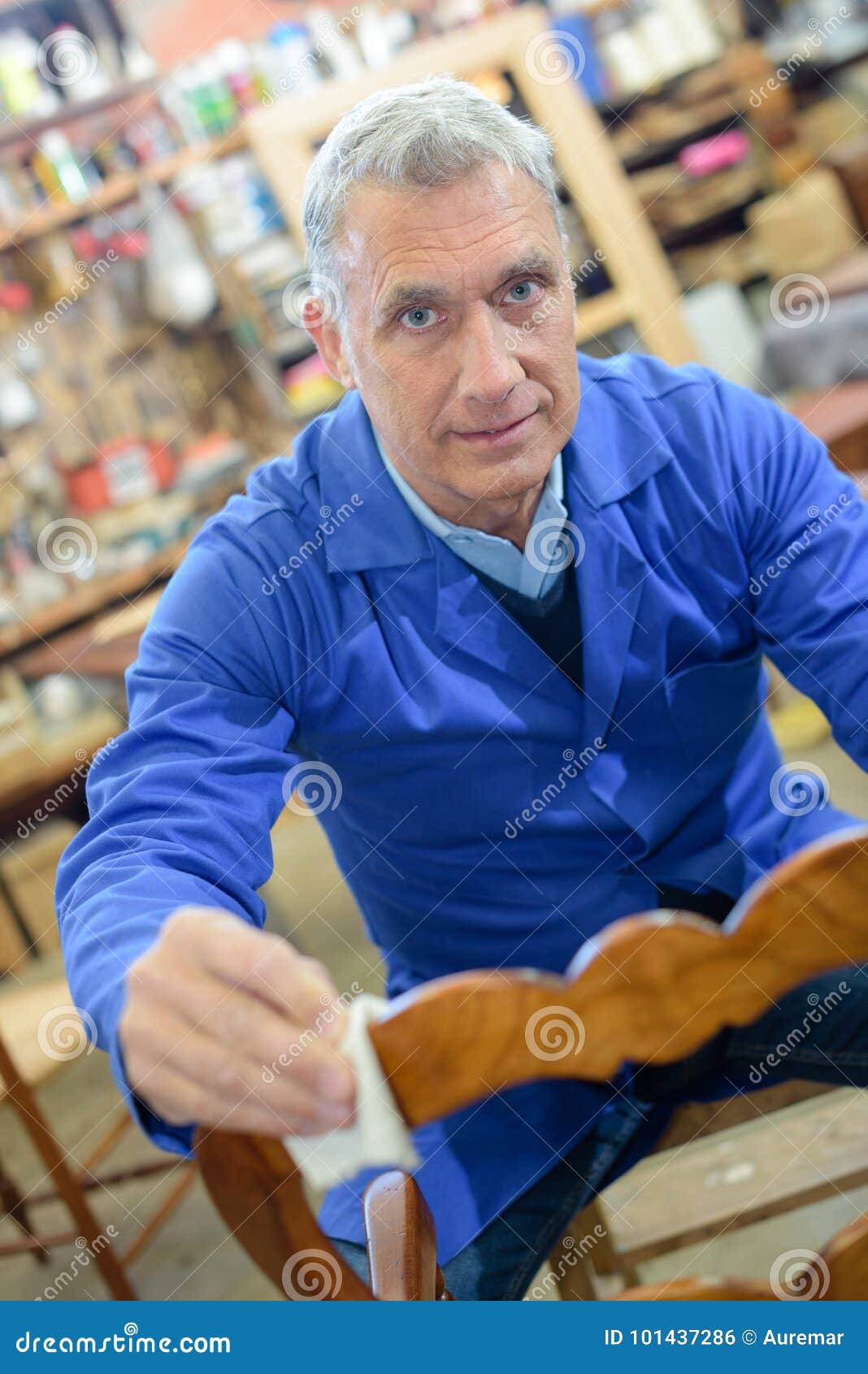 Portrait Retired Man Standing at Workshop and Working Stock Photo ...