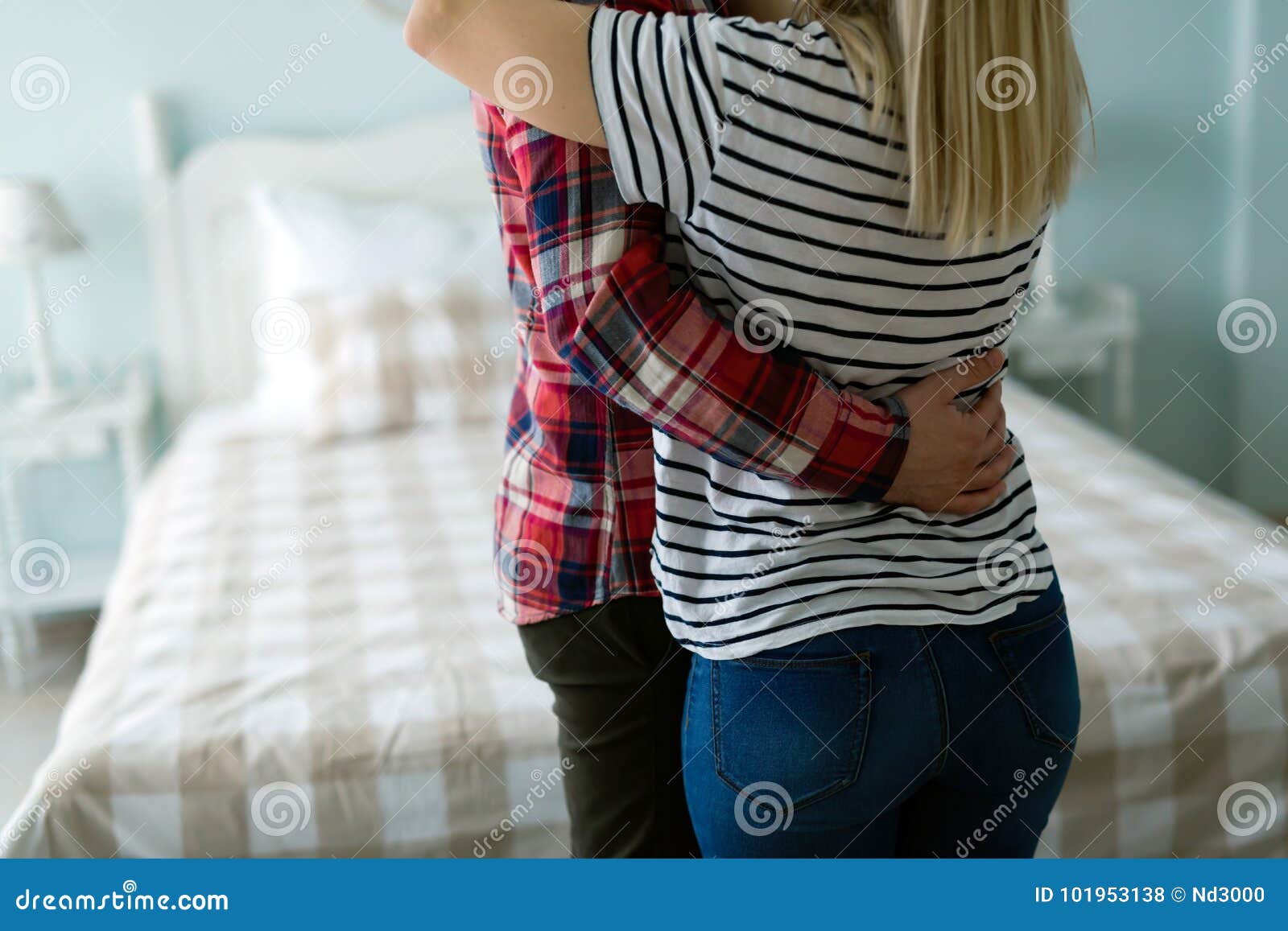 Portrait of Romantic Couple Hugging in Bedroom Stock Photo - Image of ...