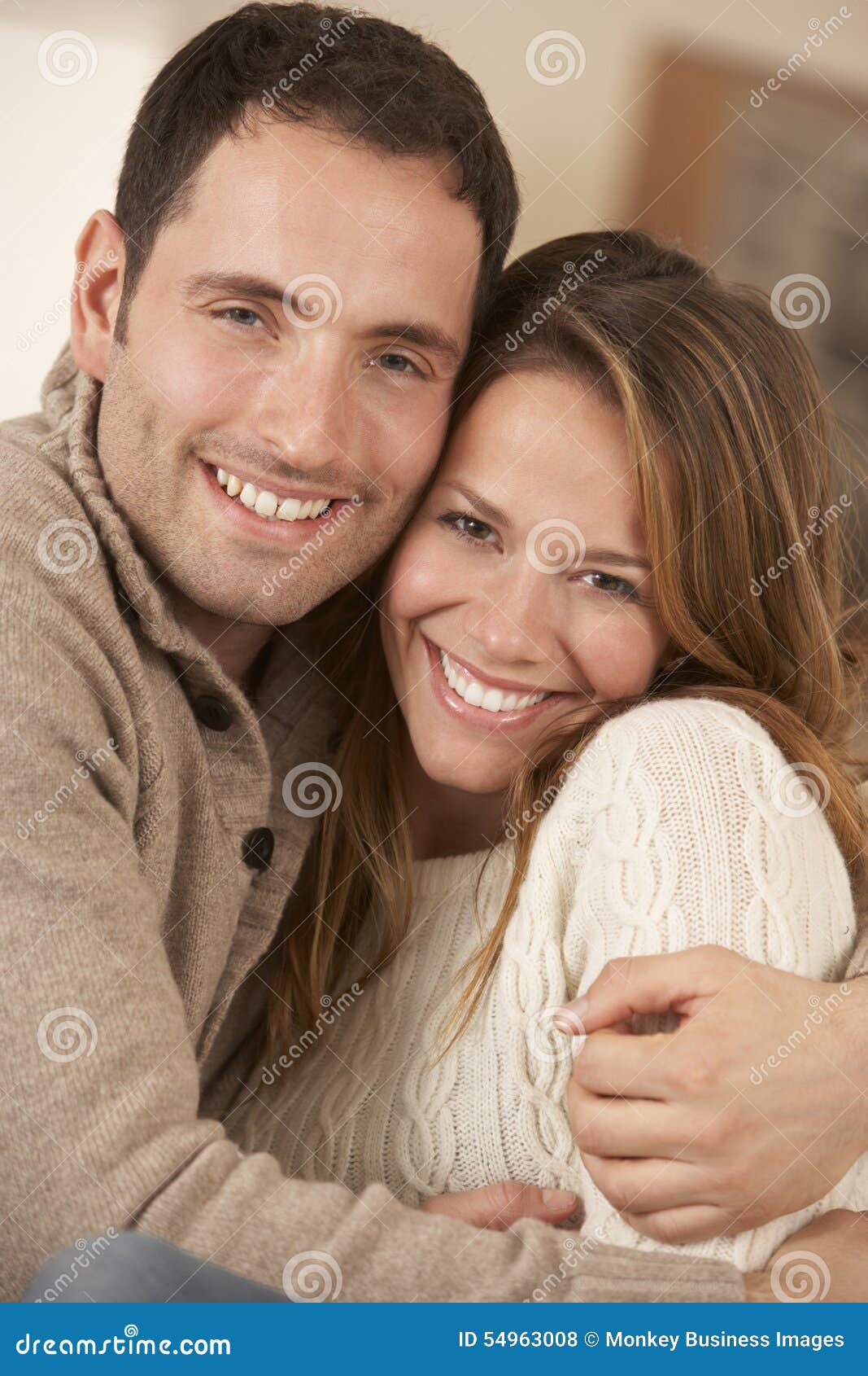 Portrait 30s Couple Hugging Indoors Stock Photo - Image of sitting ...
