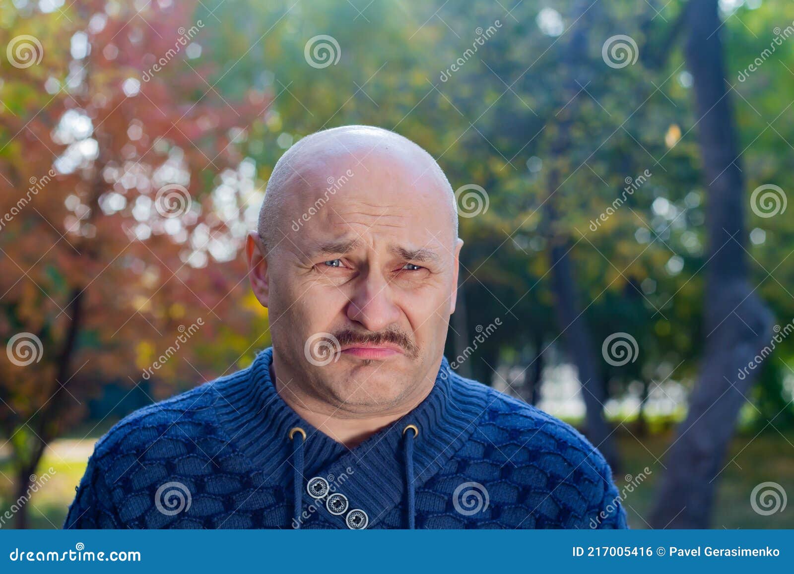 Portrait of a Sad Bald Man in a Blue Sweater Stock Photo - Image of ...