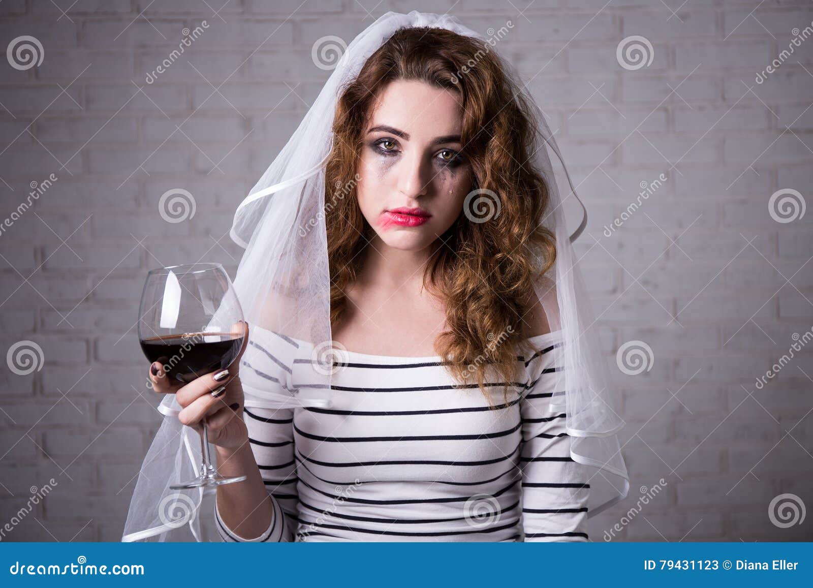 Portrait of Sad Bride Crying and Drinking Wine Stock Image - Image of ...