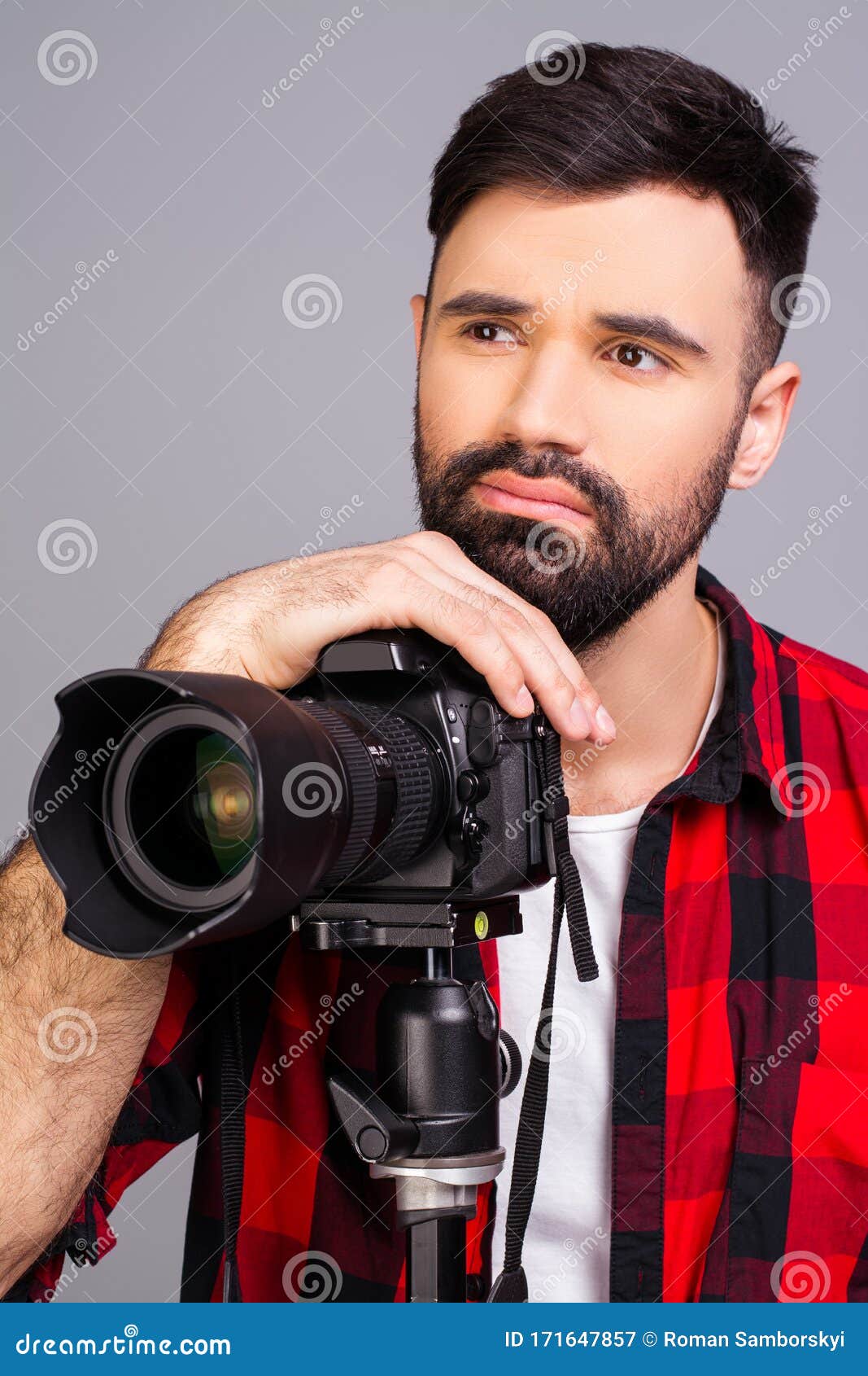 Portrait of Sad Man with Camera Thinking about Photo Concept Stock ...