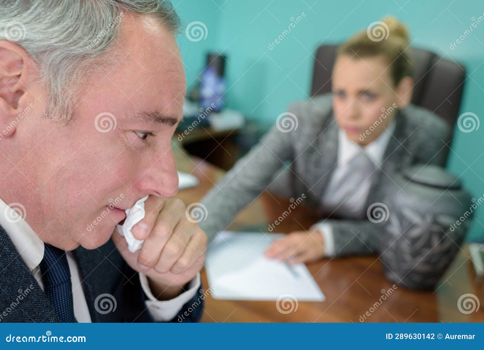 Portrait sad man in office stock photo. Image of pain - 289630142