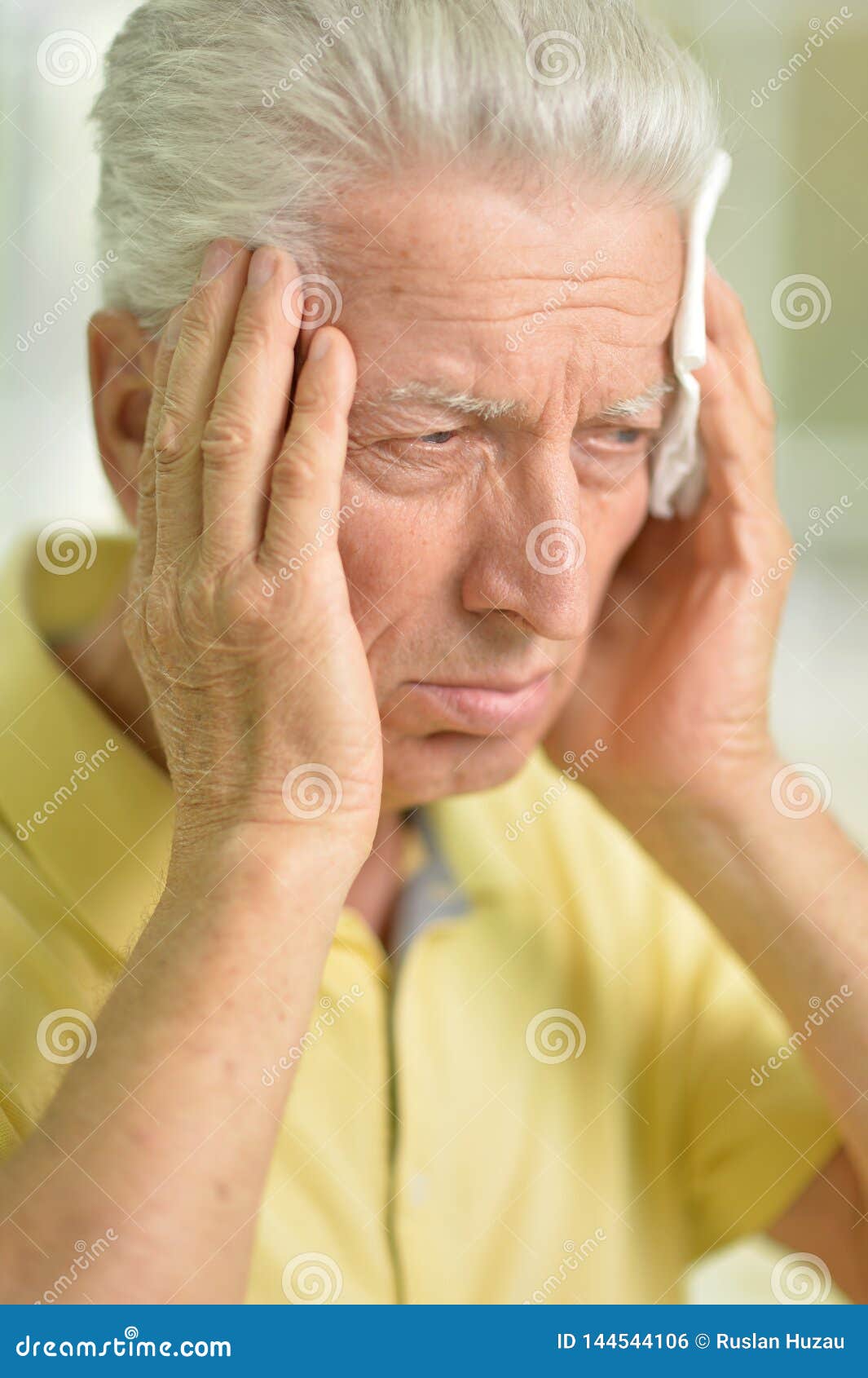 Portrait of Sad Senior Man with Headache at Home Stock Photo - Image of ...
