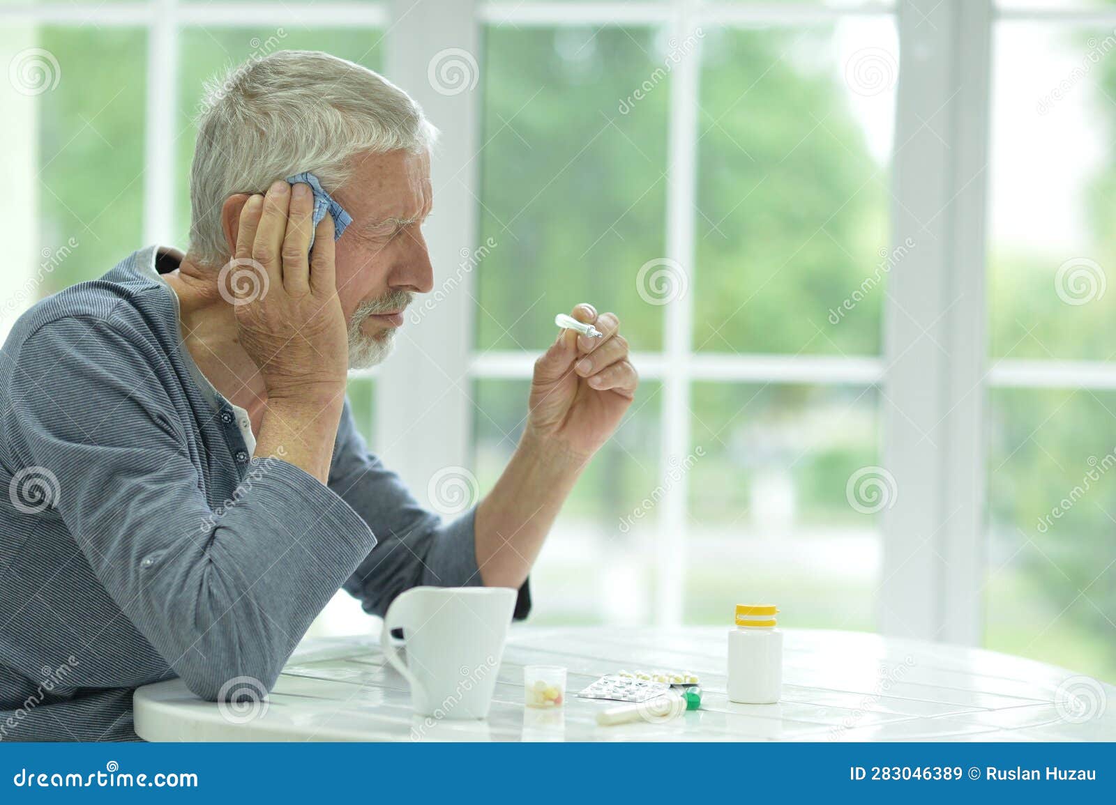 Portrait of Sad Sick Old Man with Thermometer Stock Image - Image of ...