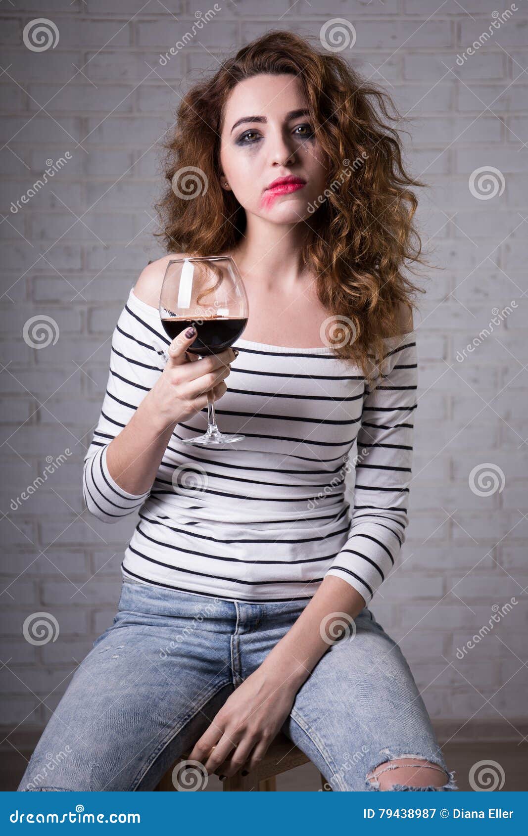 Portrait of Sad Woman Crying and Drinking Wine Stock Image - Image of ...