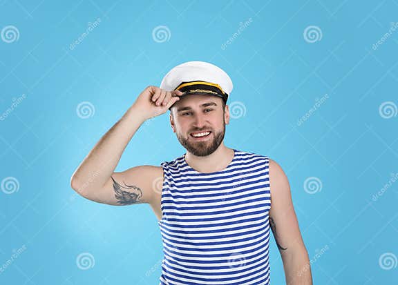 Portrait of Sailor on Light Blue Stock Image - Image of striped ...