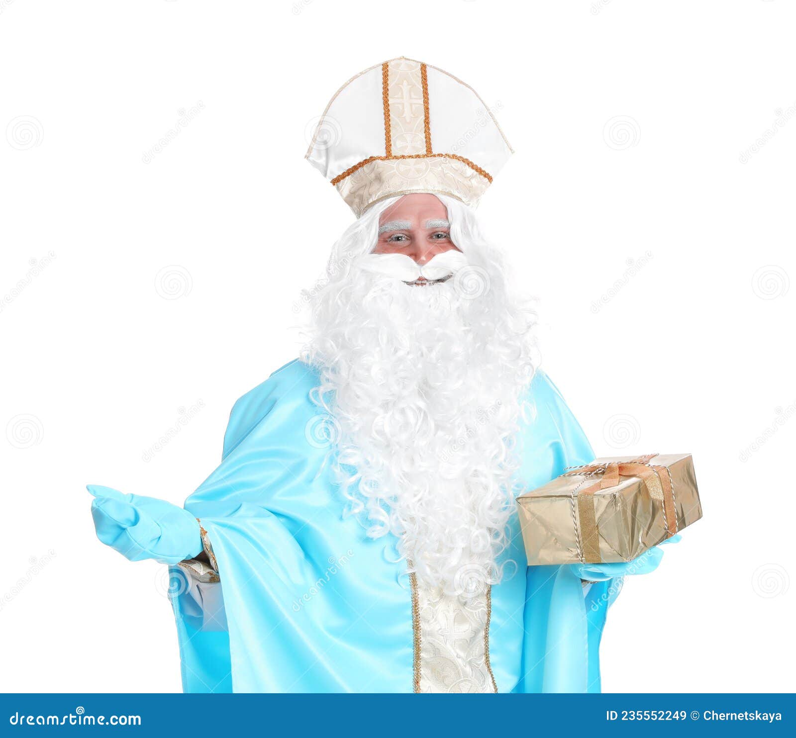 Portrait of Saint Nicholas with Present on White Background Stock Image ...