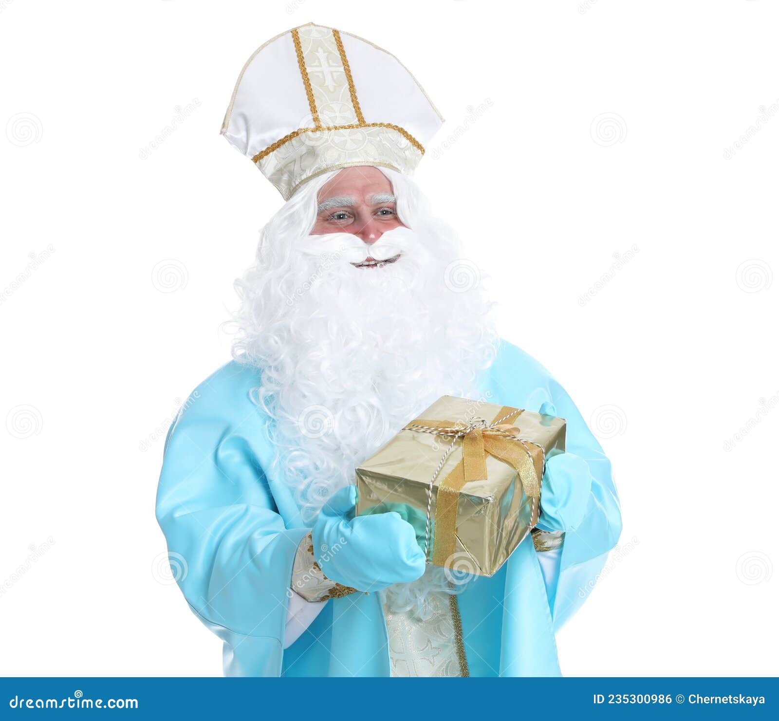 Portrait of Saint Nicholas with Present on White Background Stock Photo ...