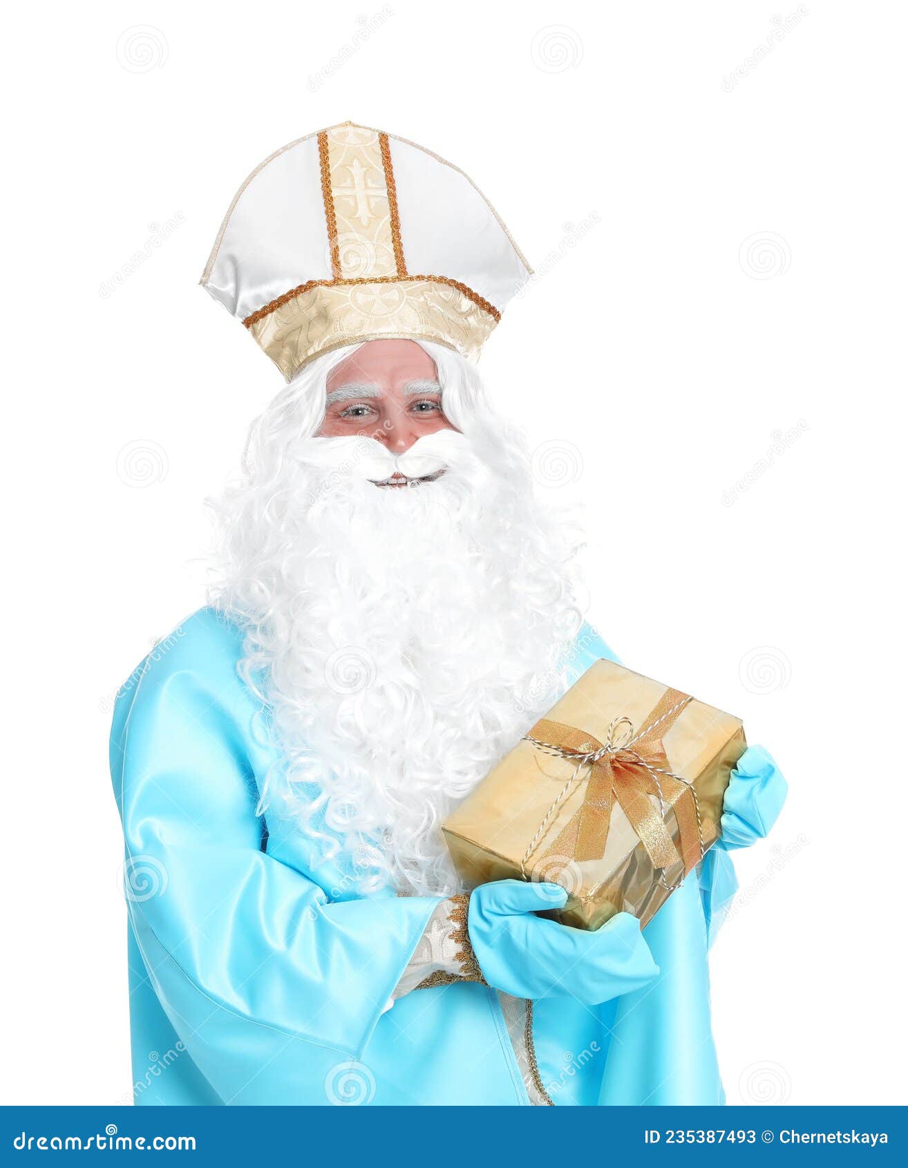 Portrait of Saint Nicholas with Present on White Background Stock Image ...