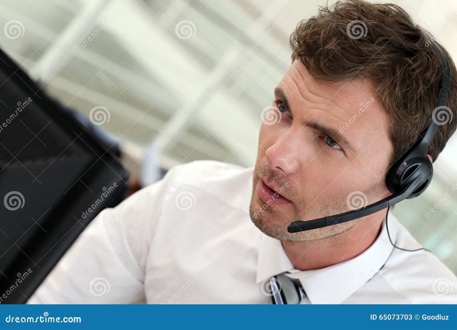Portrait of Salesman with Headset Working Stock Image - Image of center ...
