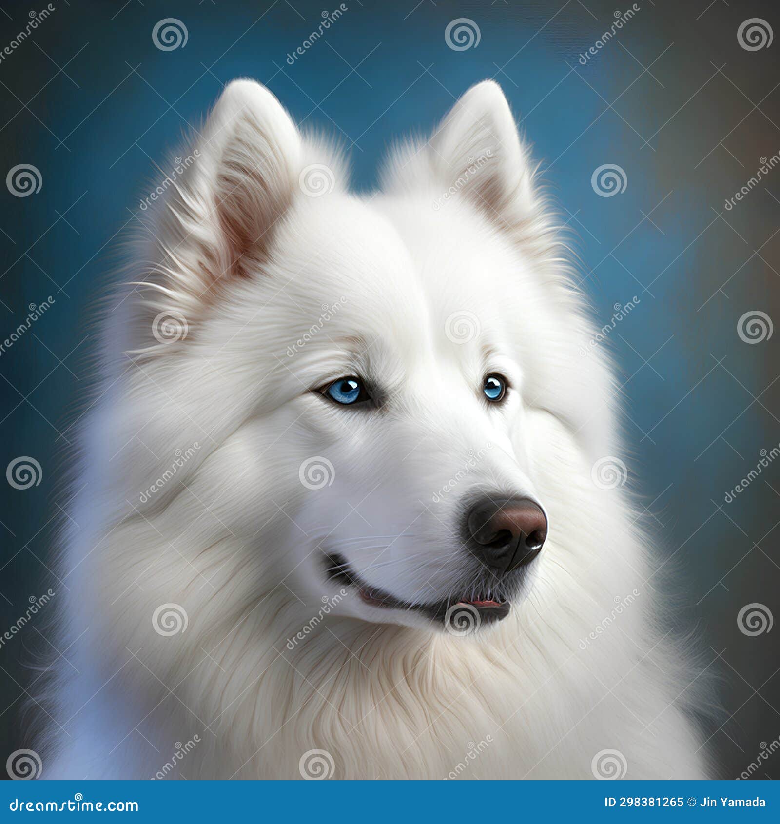 Portrait of Samoyed Dog with Blue Eyes on Blue Background Stock ...