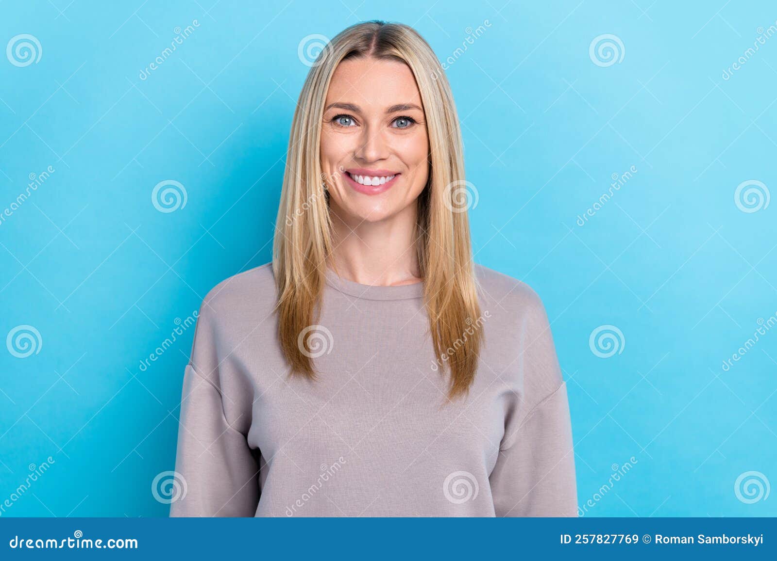 Portrait Of Satisfied Cheery Lady Toothy Smile Dressed Pastel