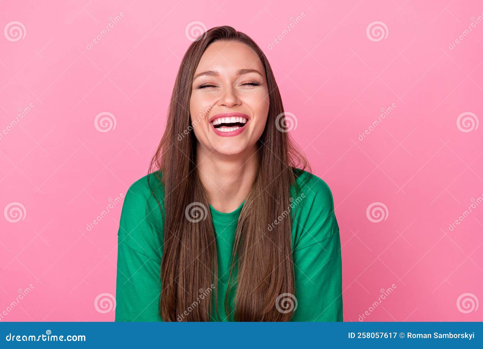 Portrait Of Satisfied Glad Lady Closed Eyes Toothy Beaming Smile Laugh
