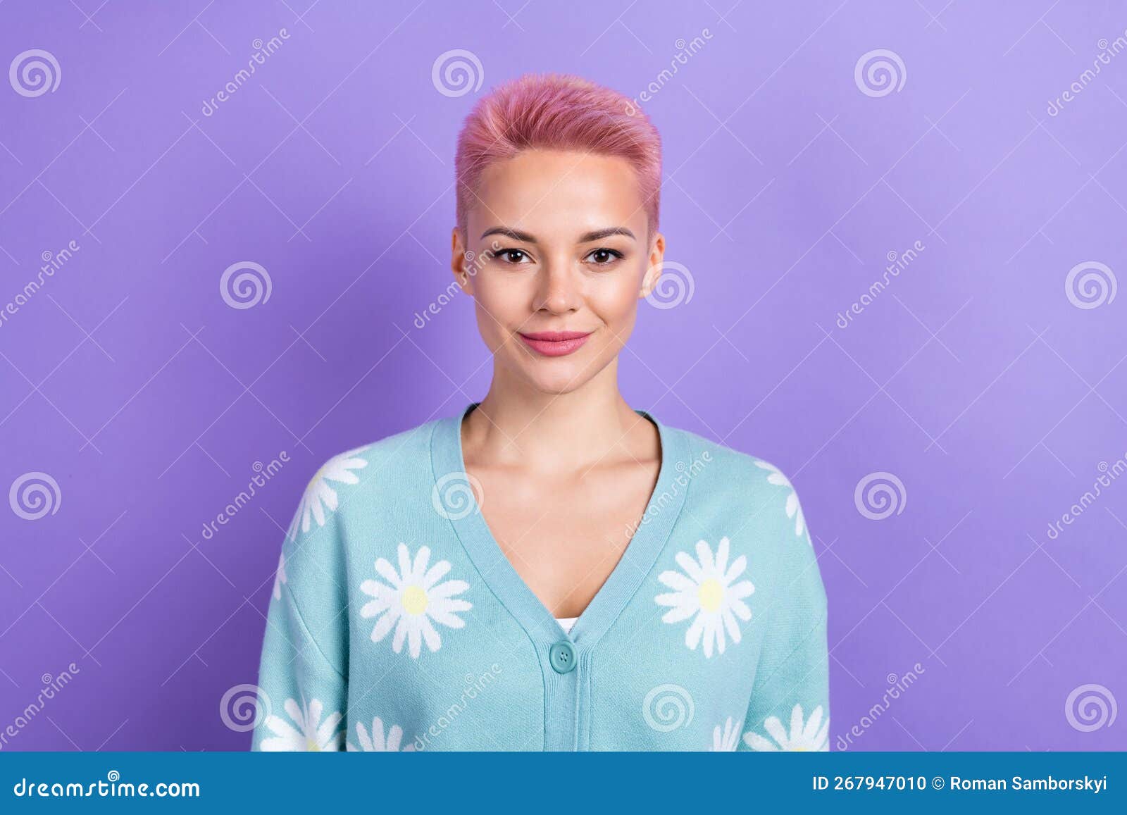 Portrait Of Satisfied Gorgeous Cute Pretty Girl With Pink Hairdo Wear