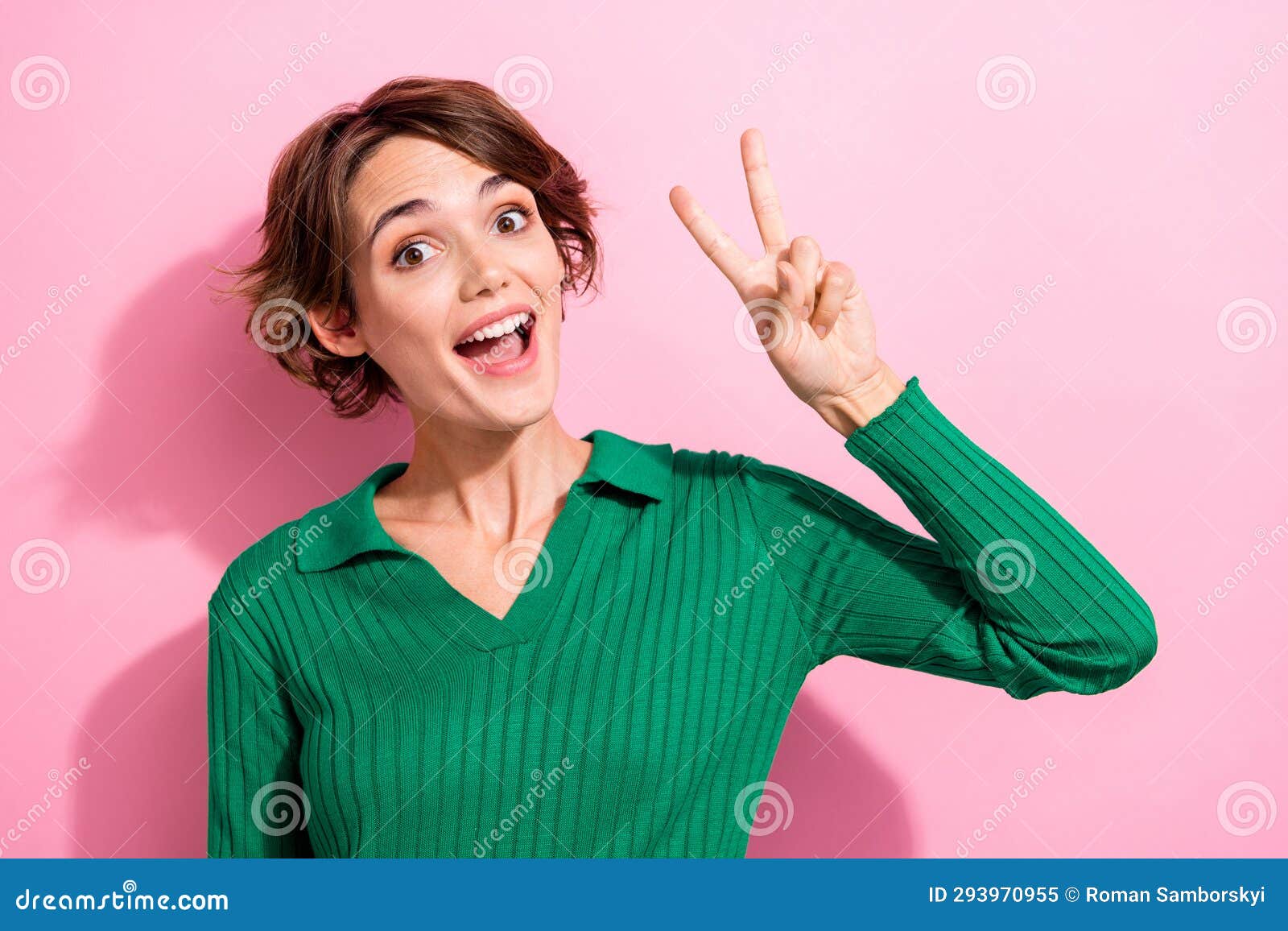 Portrait Of Satisfied Optimistic Girlish Woman With Short Hair Wear