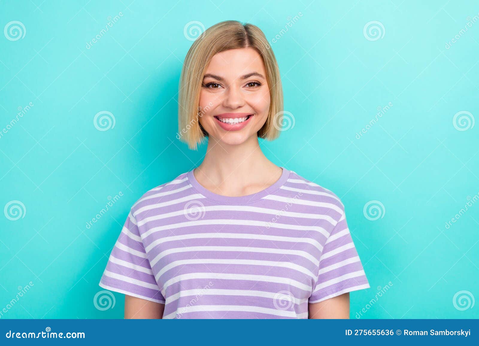 Portrait Of Satisfied Pleasant Woman With Short Haircut Wear Stylish T