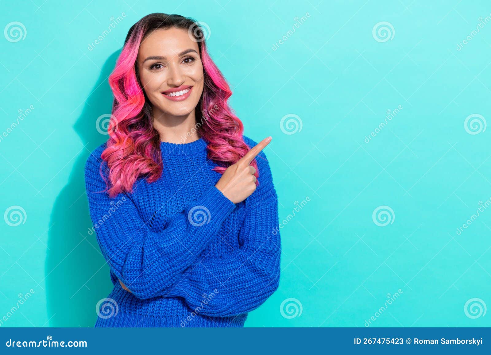 Portrait Of Satisfied Vibrant Woman With Wavy Hairstyle Wear Knit