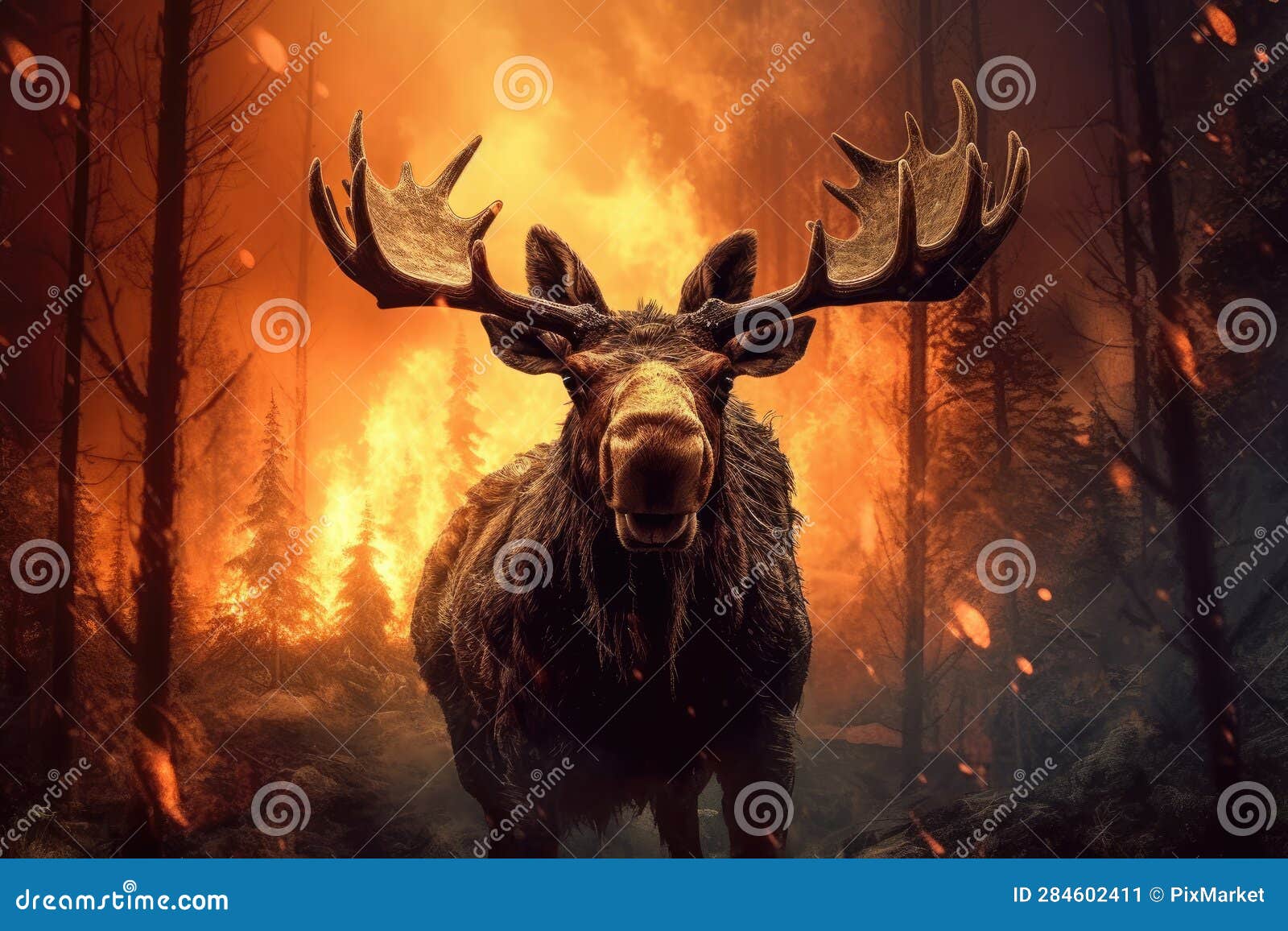 Moose in Burning Forest, Generative AI Stock Illustration ...
