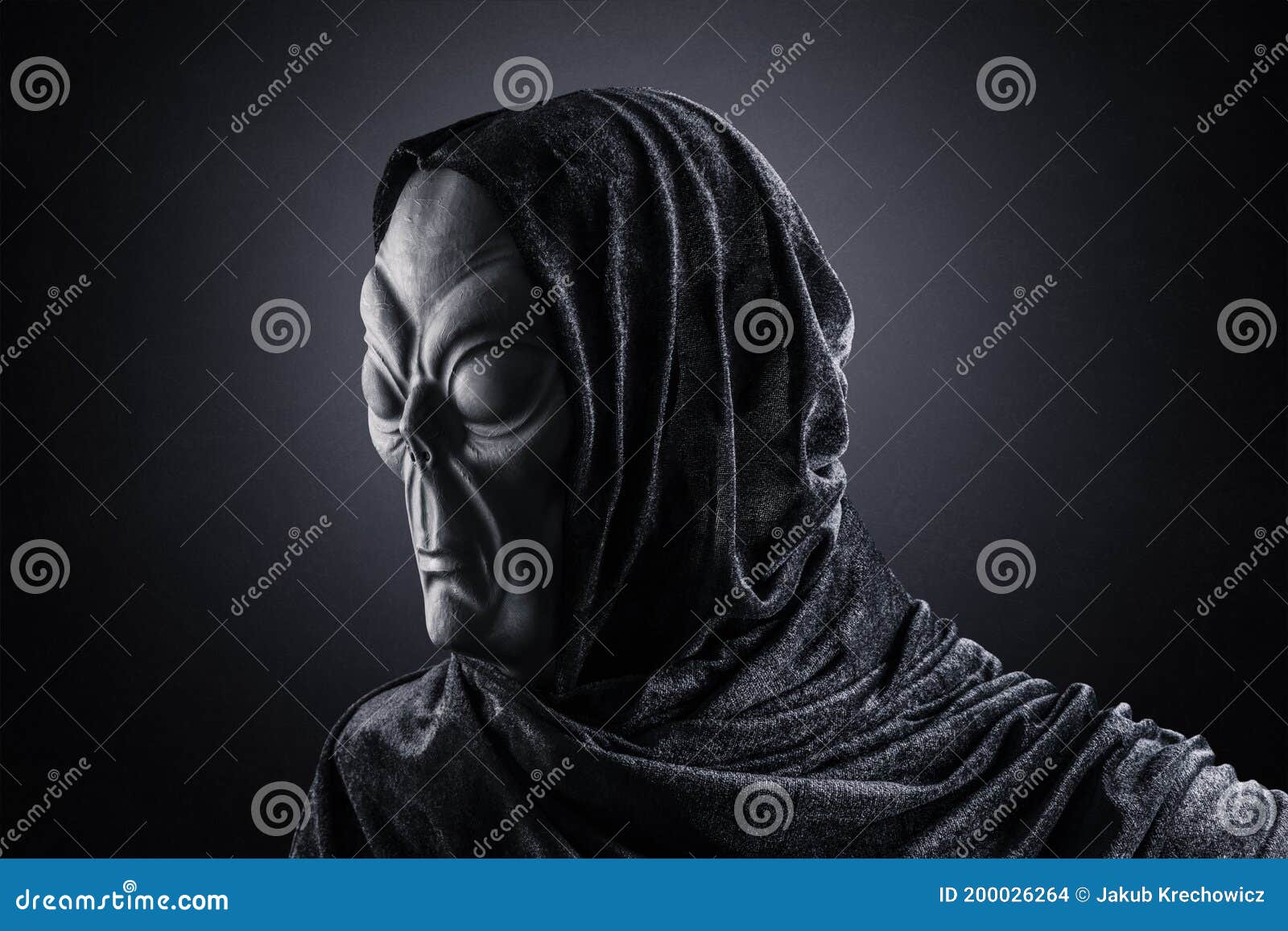 Portrait Of Alien Head In A Dark Outdoors Nature Background. Concept Of ...