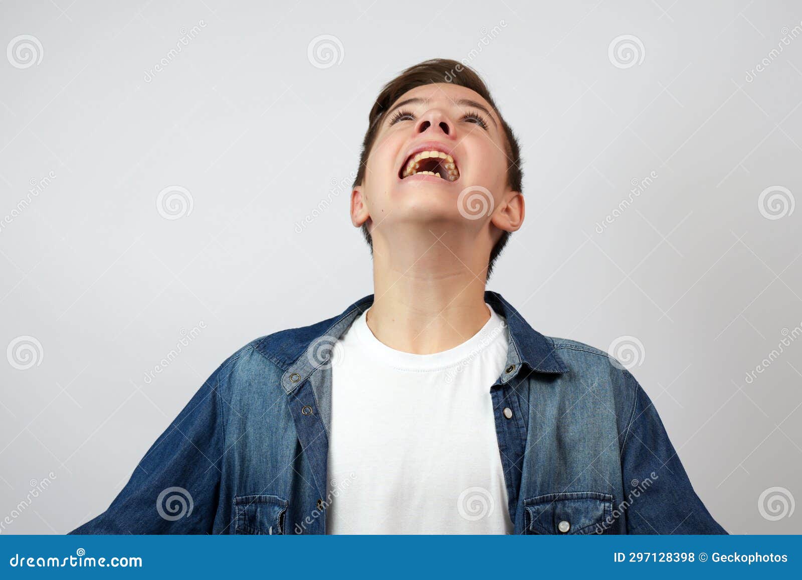 Portrait of School Boy Screaming and Looking Up on White Background ...