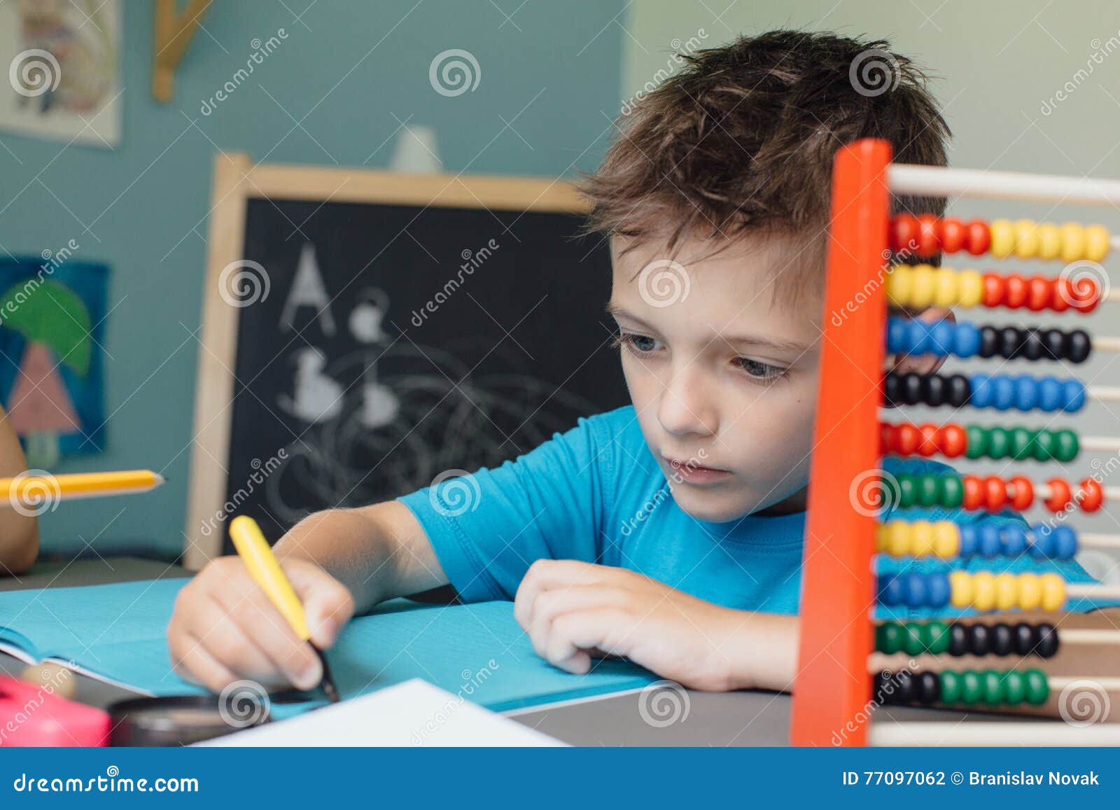 Portrait of a School Boy Working on Math Homework Stock Photo - Image ...