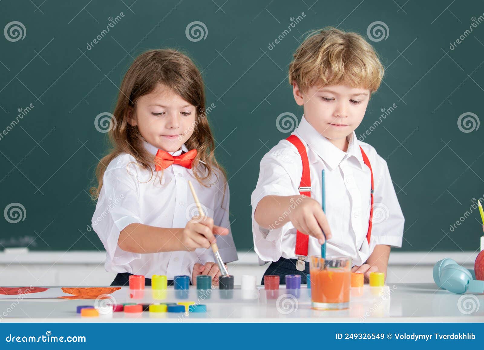 Portrait School Kids Doing Art Homework. Children Drawing on Elementary ...