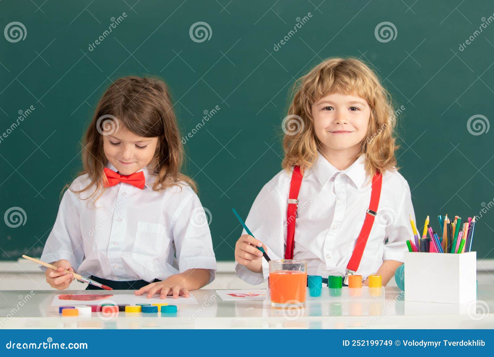 Portrait School Kids Doing Art Homework. Children Drawing on Elementary ...