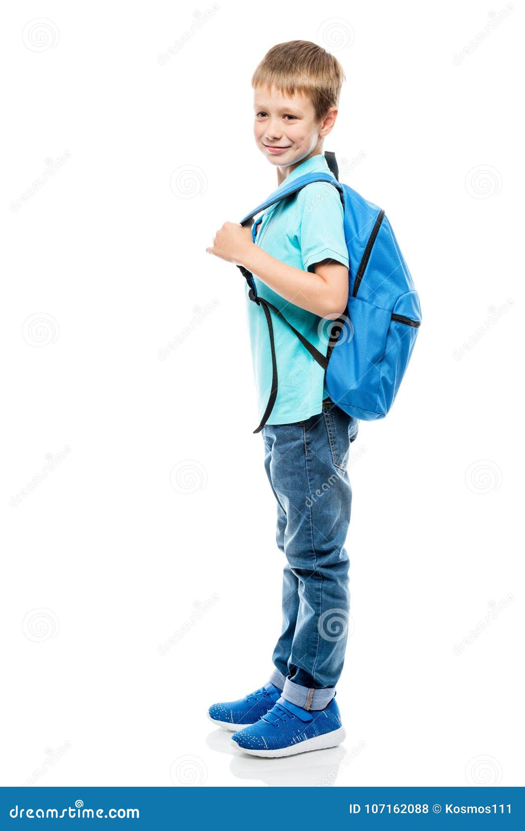 Portrait of a Schoolboy with a Backpack Side View on a White Background ...