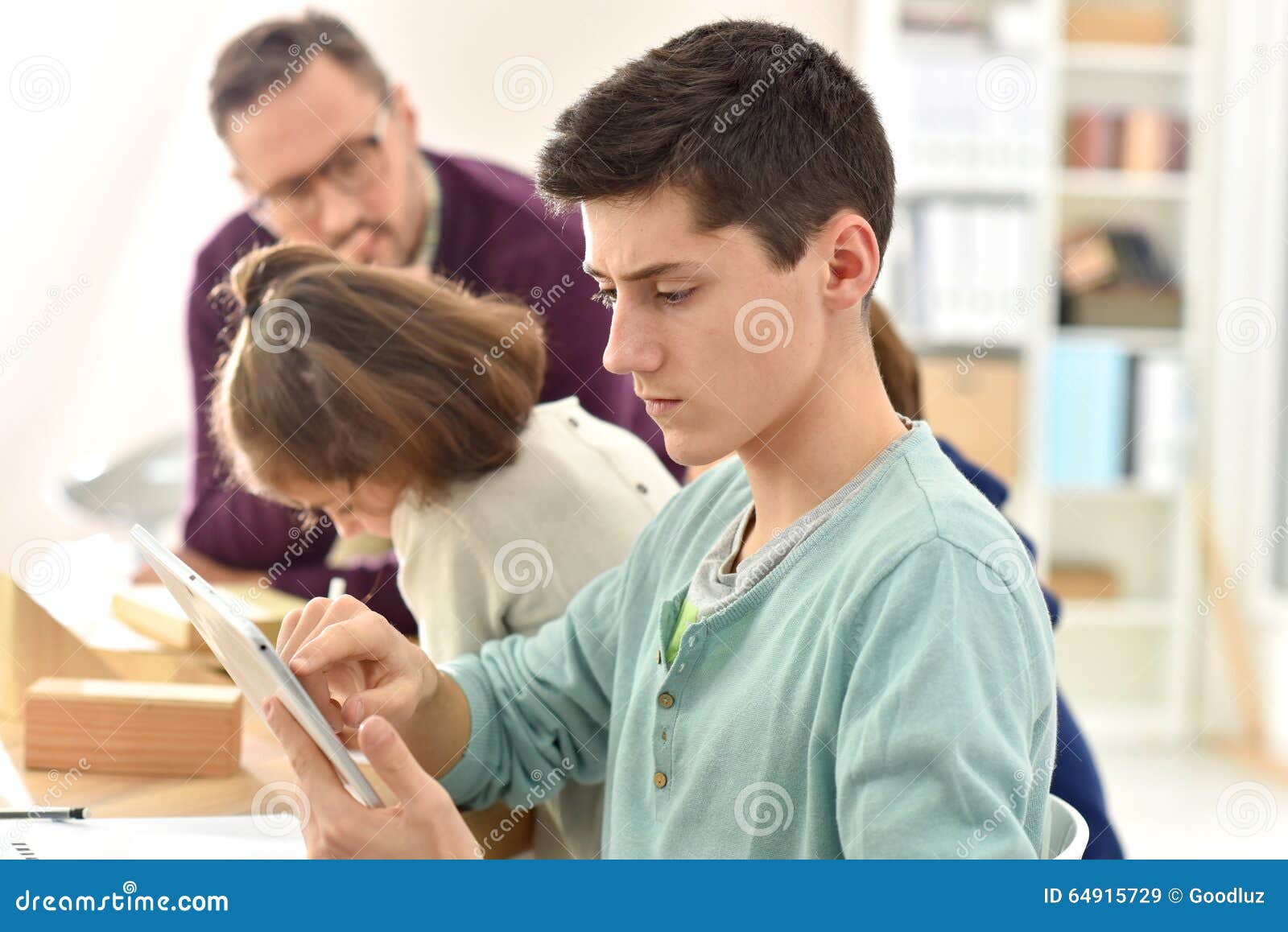 Portrait of Schoolboy Using Smartphone in Class Stock Image - Image of ...