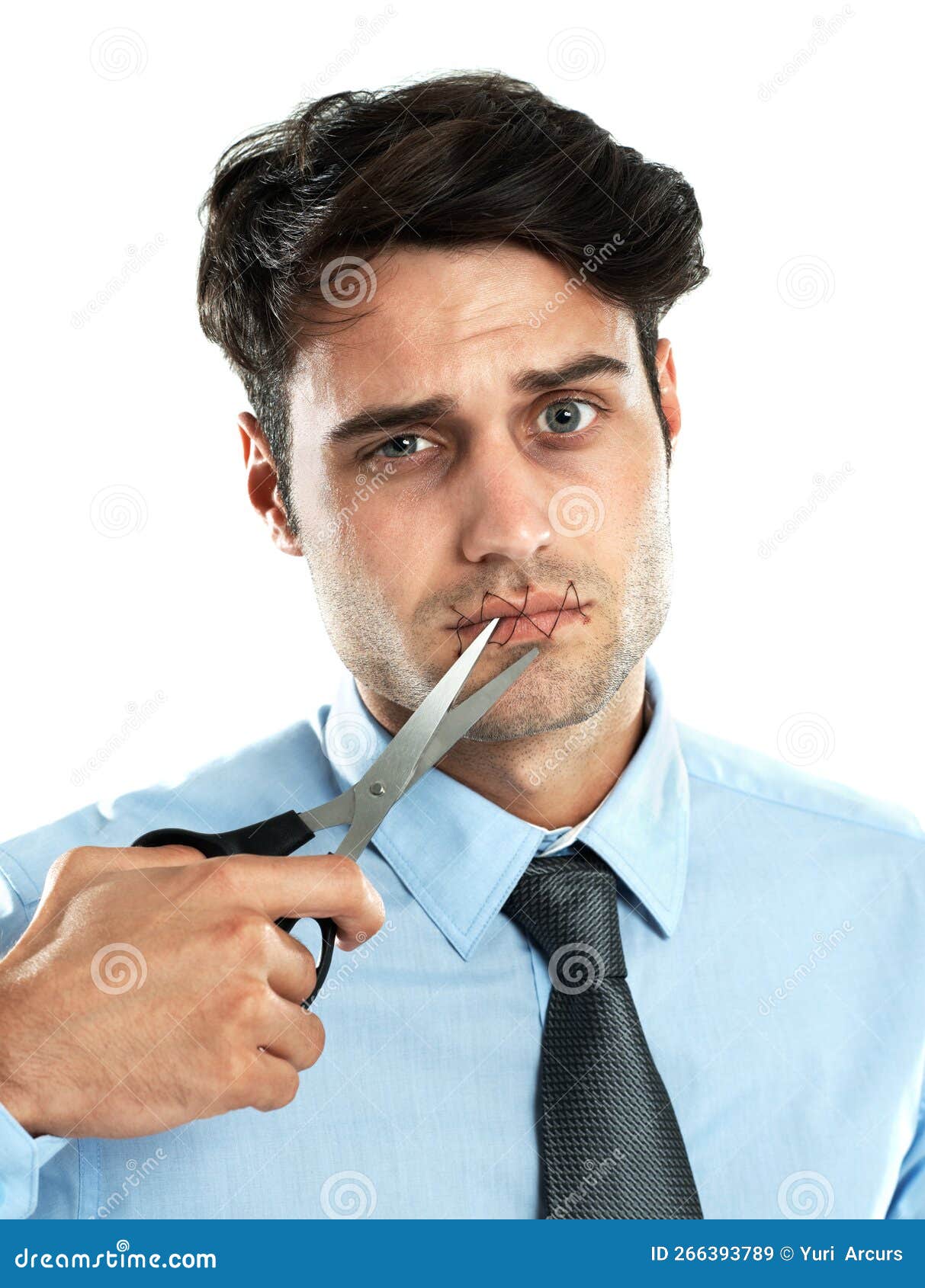 Portrait, Scissors and Thread on the Lips of a Man in Studio Isolated ...