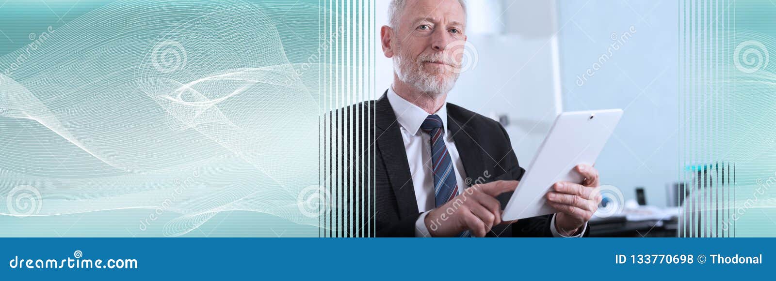 Portrait of Senior Businessman Working on Tablet. Panoramic Banner ... Portrait of Senior Businessman Working on Tablet. Panoramic Banner ...