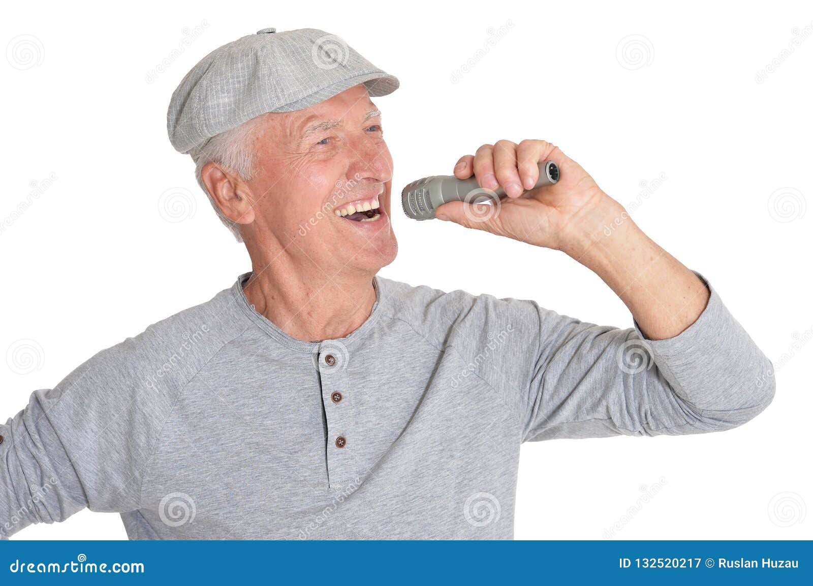 Portrait of Senior Man in Hat Singing with Microphone Stock Image ...
