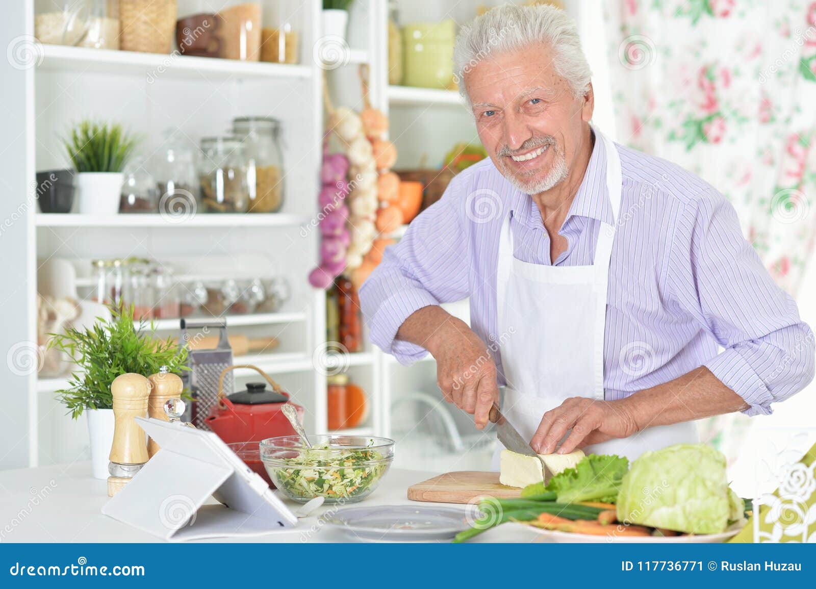 Senior Man Preparing Dinner in Kitchen Stock Image - Image of jars ...