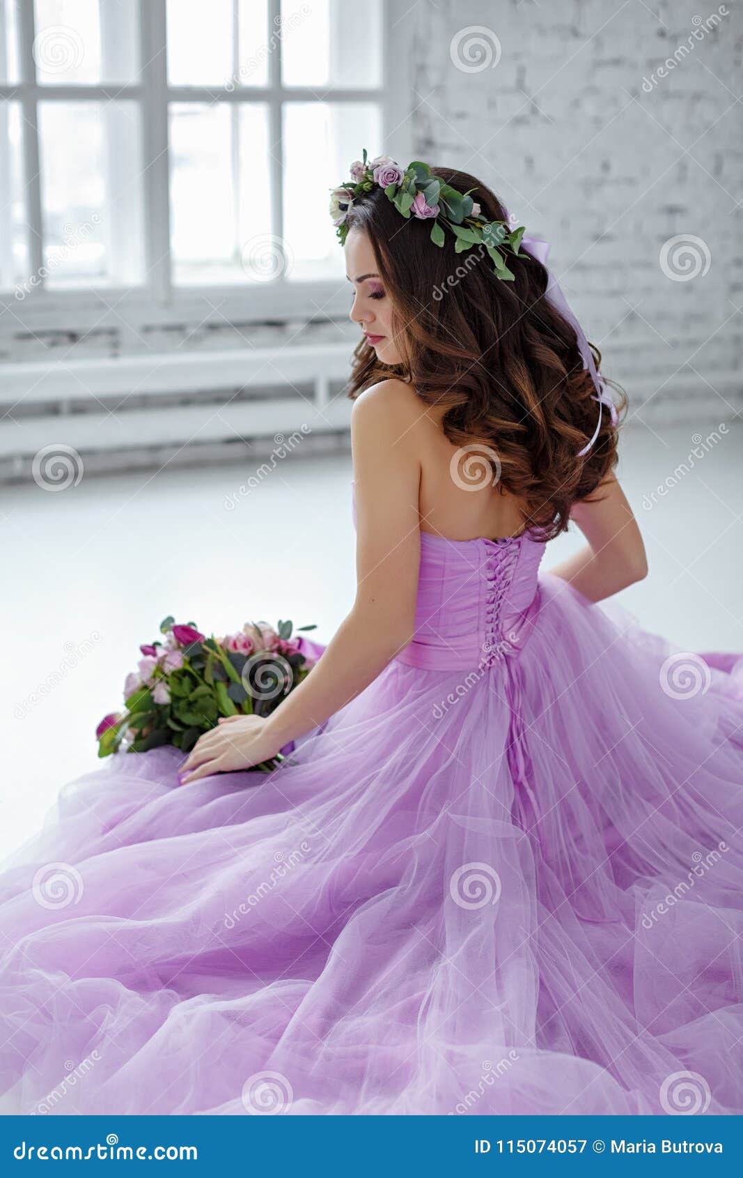 Portrait Of Sensual Beautiful Brunette Girl In Purple Dress Stock Image