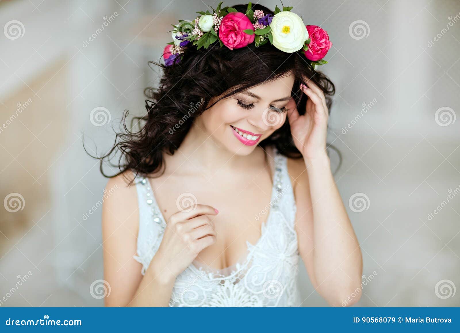 Portrait Of A Sensual Beautiful Brunette Girl With A Wreath Of F Stock