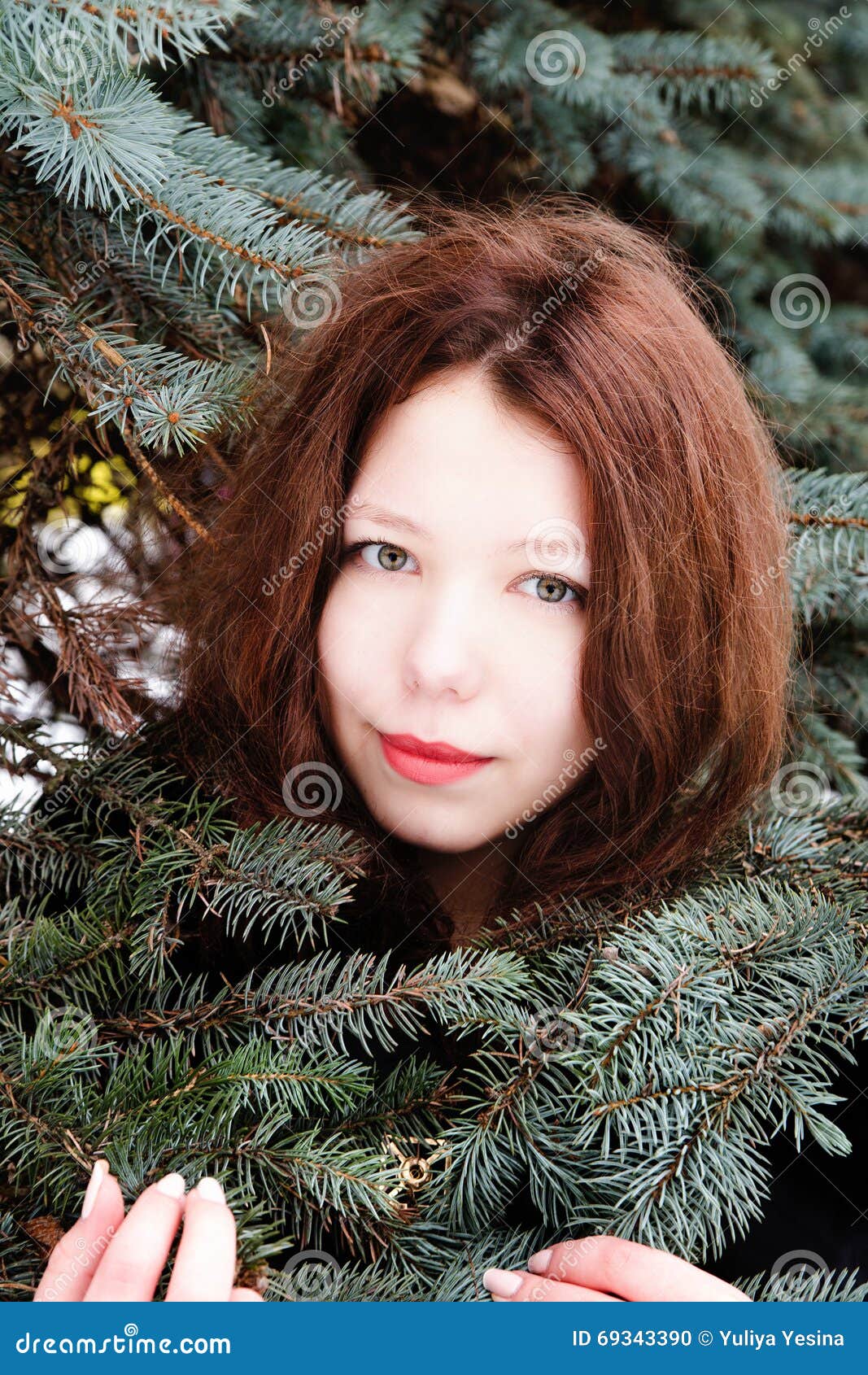 Portrait of Sensual Woman among Branches of Pine Tree Stock Photo ...