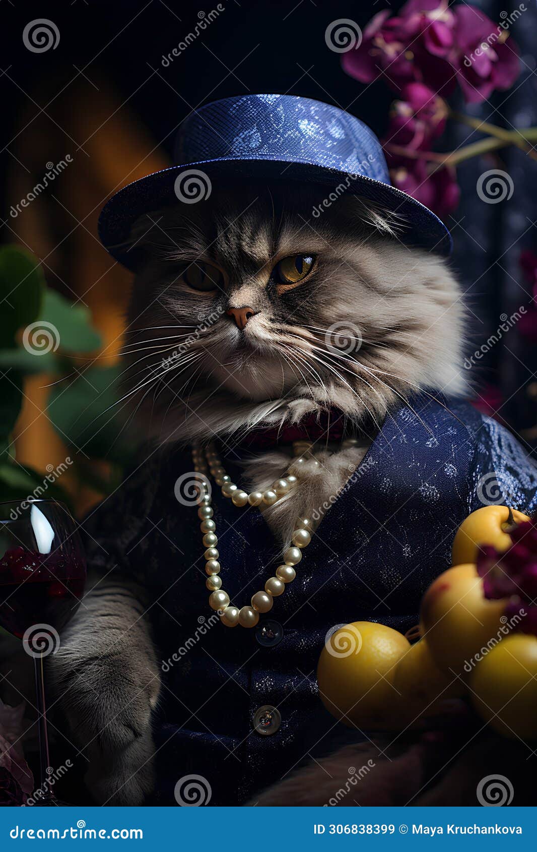 Portrait of Serious Boss Cat in Hat and Dark Blue Suit on Dark ...