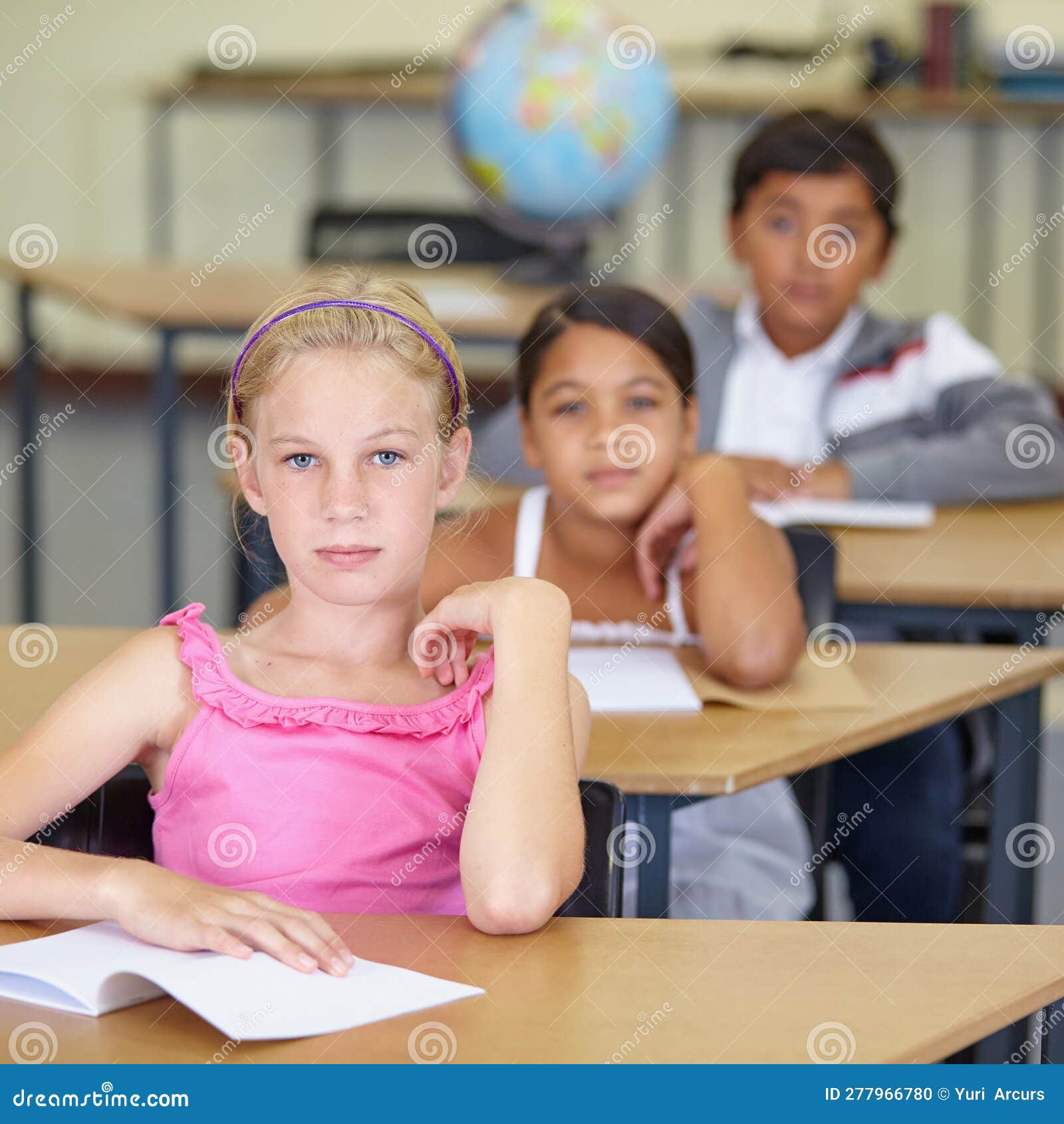 Portrait, Serious Child and Student in Classroom with Book, Ready To ...