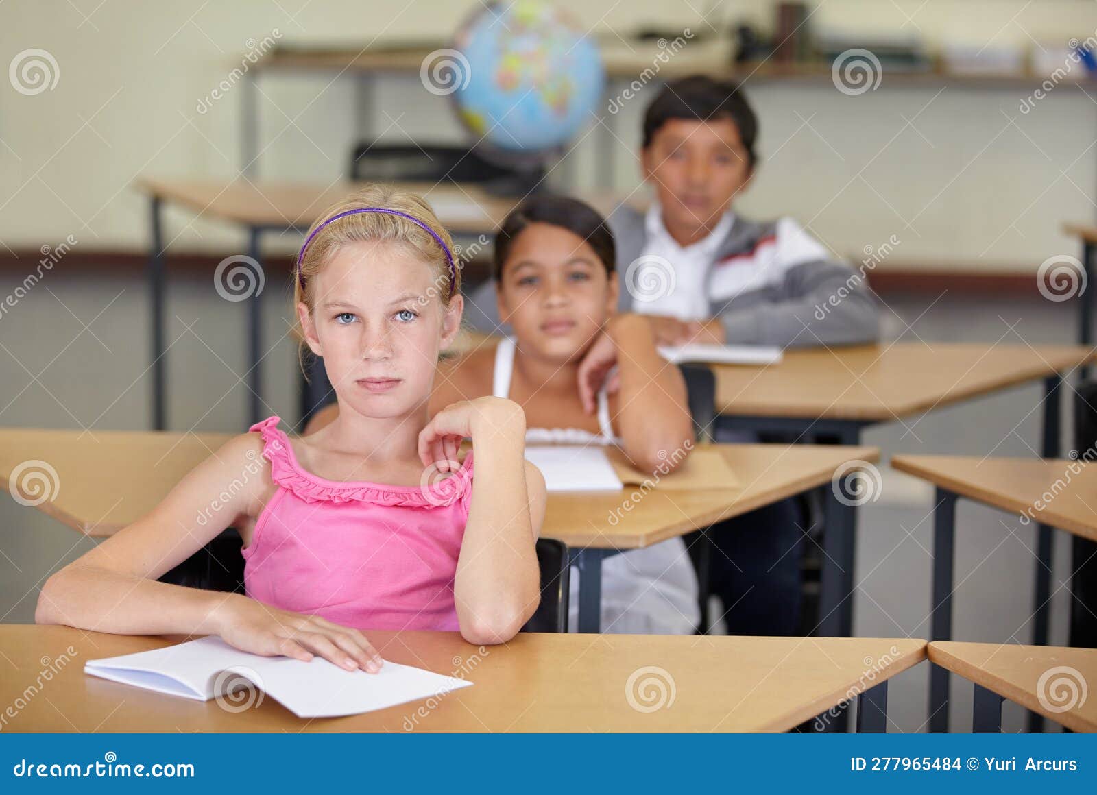 Portrait, Serious Kids and Student in Classroom with Book, Ready To ...