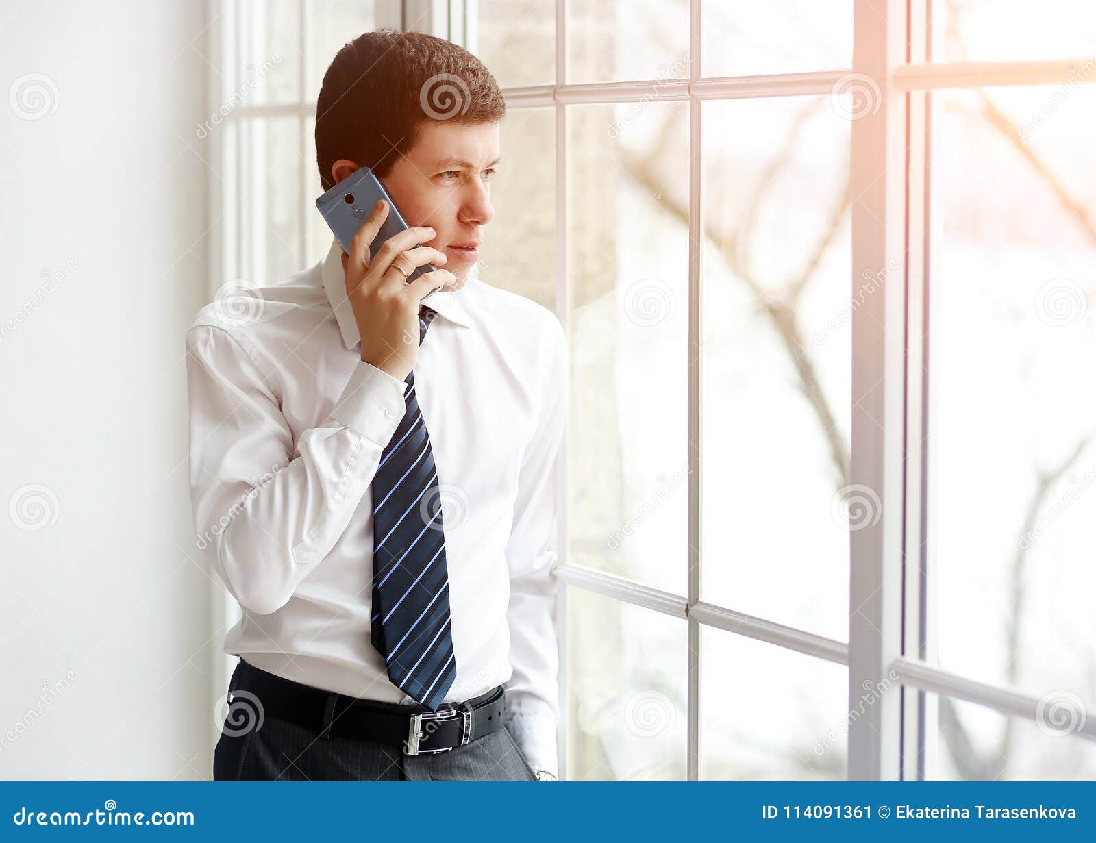 Portrait of Serious Men Office Worker Talking on Mobile Phone while ...
