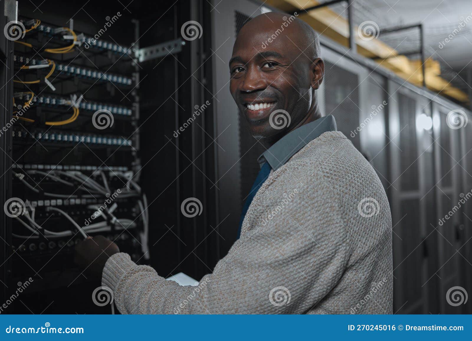 Portrait, Server Room and Black Man on Tablet for Database Maintenance ...