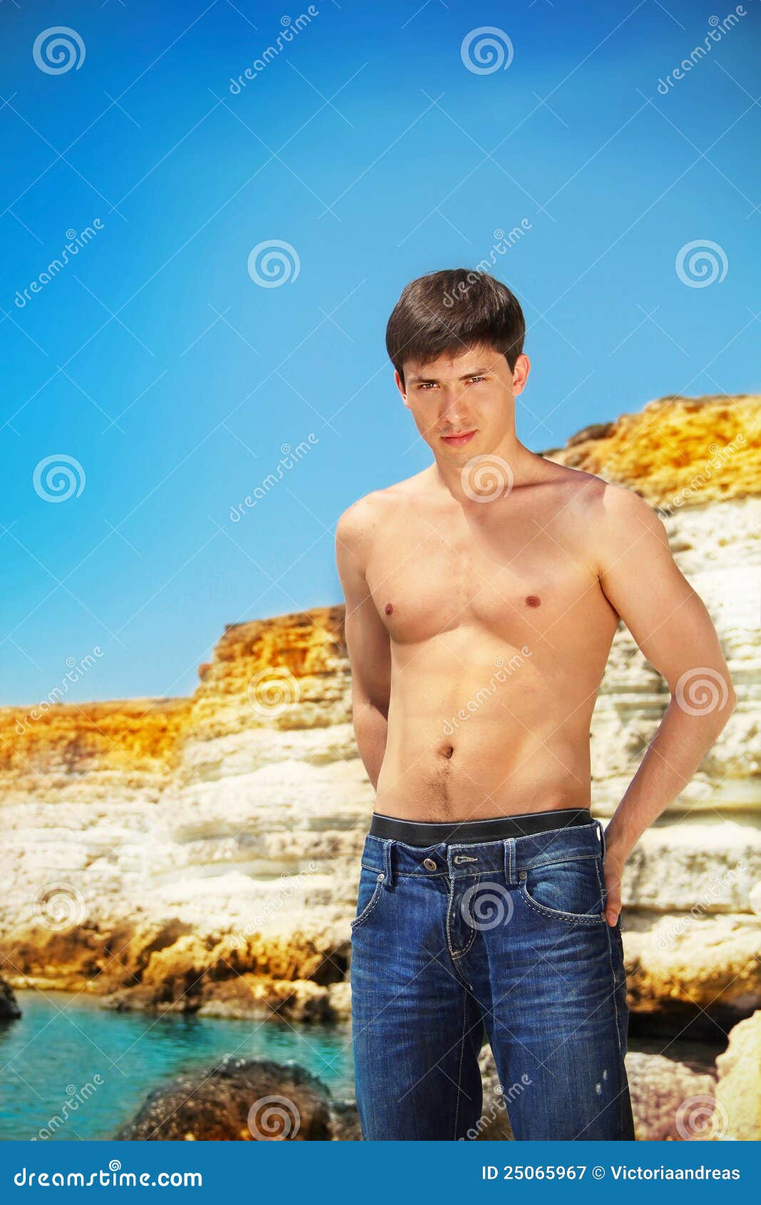 Portrait of Young Fit Man on the Beach Stock Image - Image of biceps ...