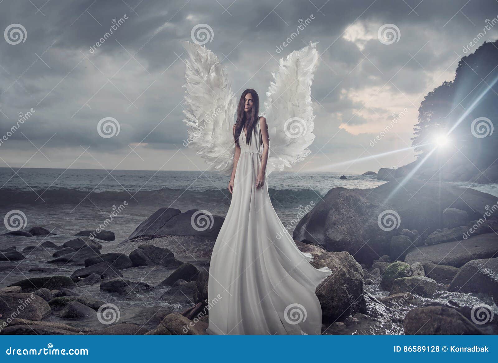 Portrait of the Shining Angel on the Sharp Rock Stock Photo - Image of ...